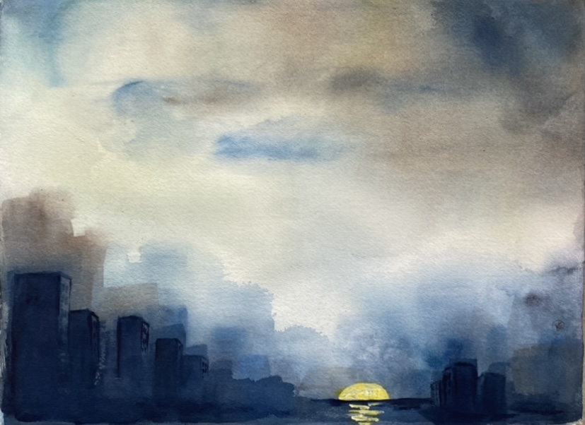 Urban sunset - Akvarell, inramad med glas och passepartout ...